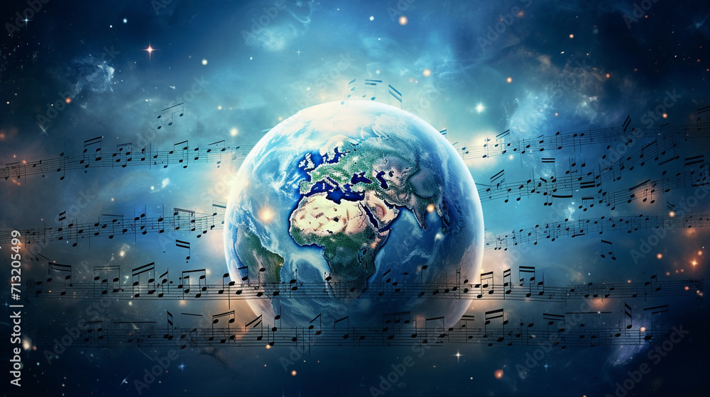 Music notes around planet earth, music day, generative AI Stock ...