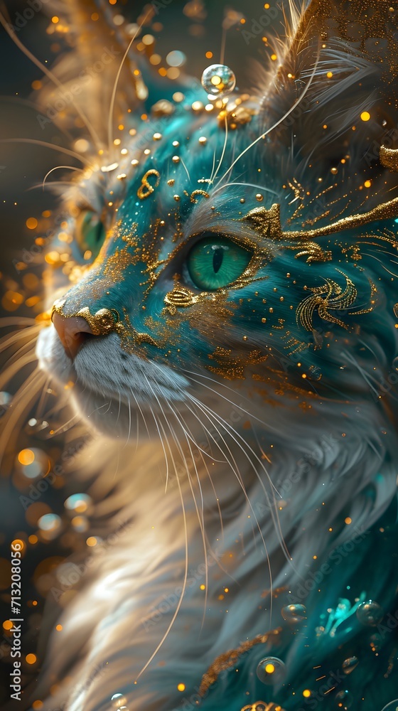 Quantum Cat A Mesmerizing Fantasy Rendering in Teal, Emerald, and Gold ...