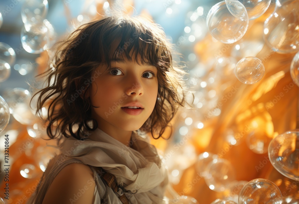 A young girl's innocent face shines with light as she gazes out from ...