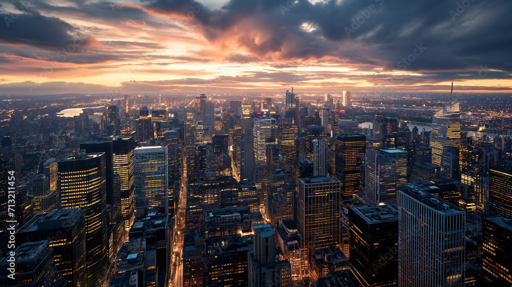 Dramatic Sunset Over Urban Skyline, Captivating Aerial View of City ...