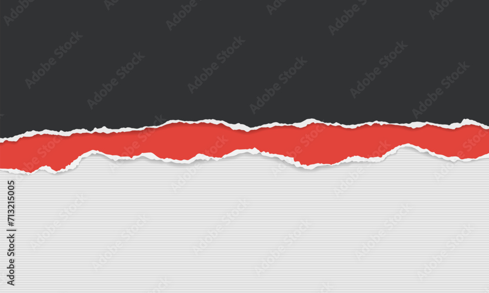 Torn, ripped black and red paper strips with soft shadow are on lined ...