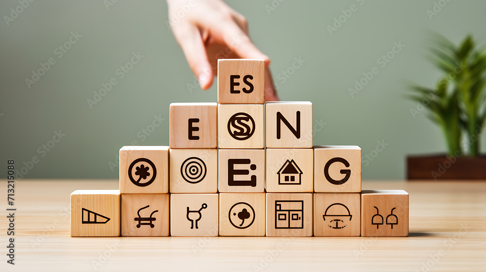 ESG environment protection concept in wooden blocks, Copy space of ...