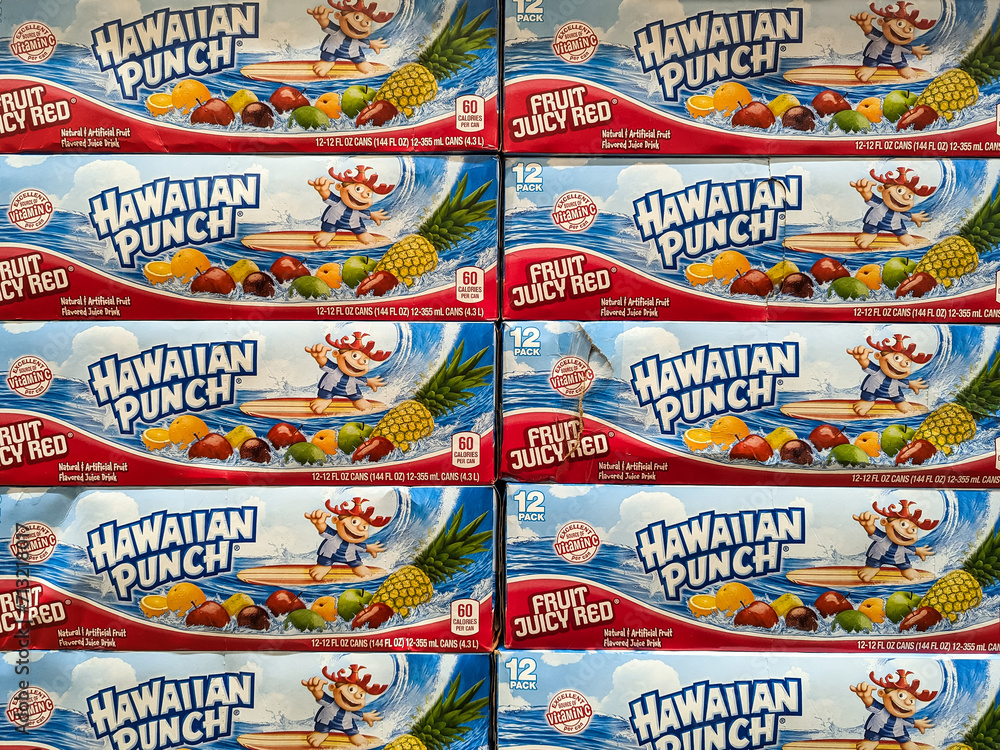 Multipacks of Hawaiian Punch drink cans displayed in rows at a ...