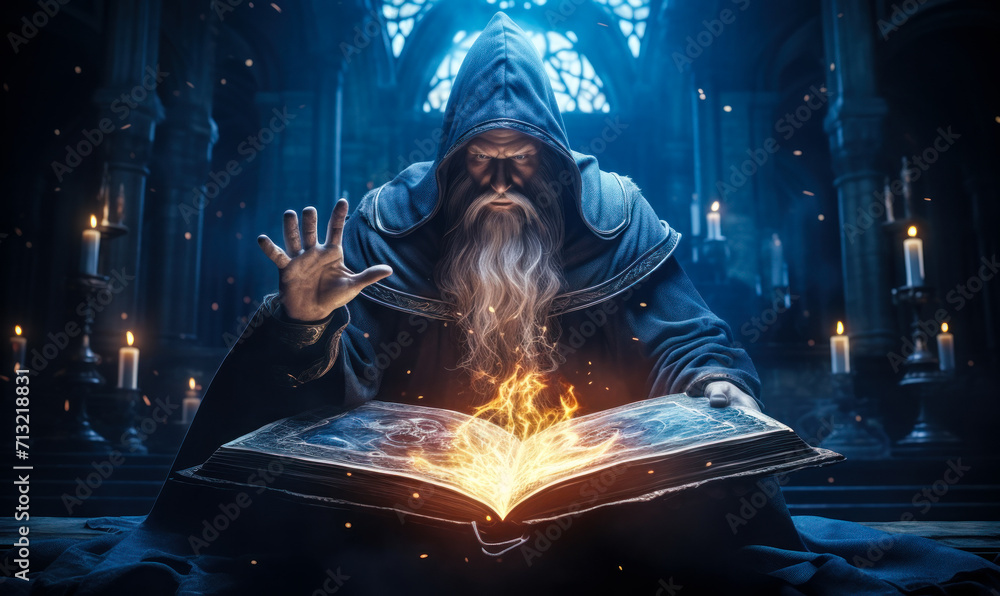 Mystical ancient wizard conjuring blue magical energy from an arcane ...