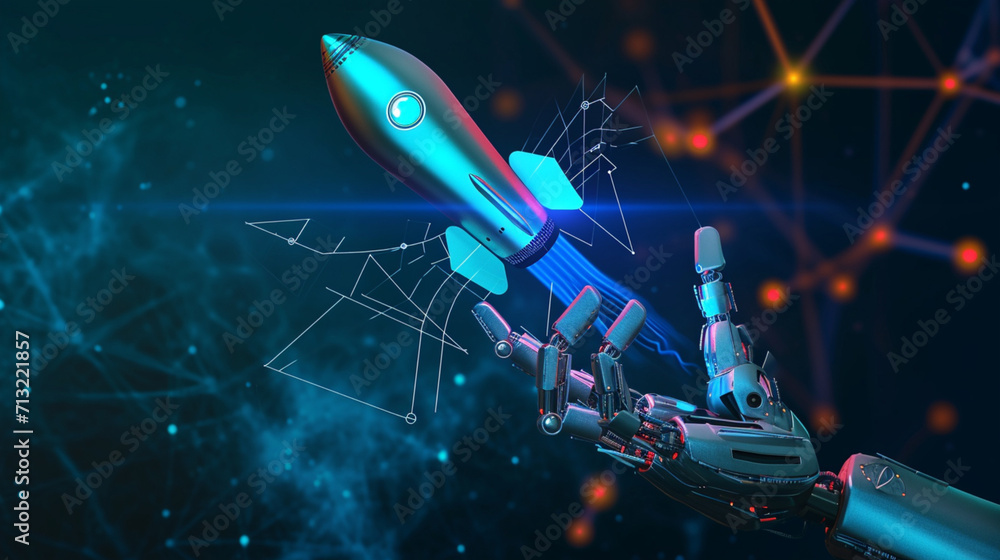 Artificial intelligence and science concept. Robot hand holding space ...