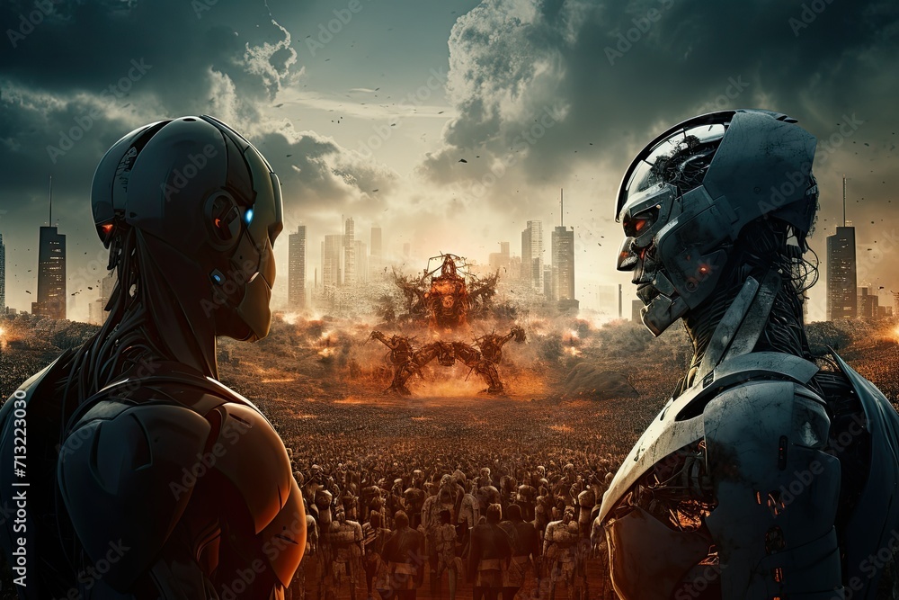 Cyborgs fighting in the city, 3D render, Cyborgs in front of a burning ...