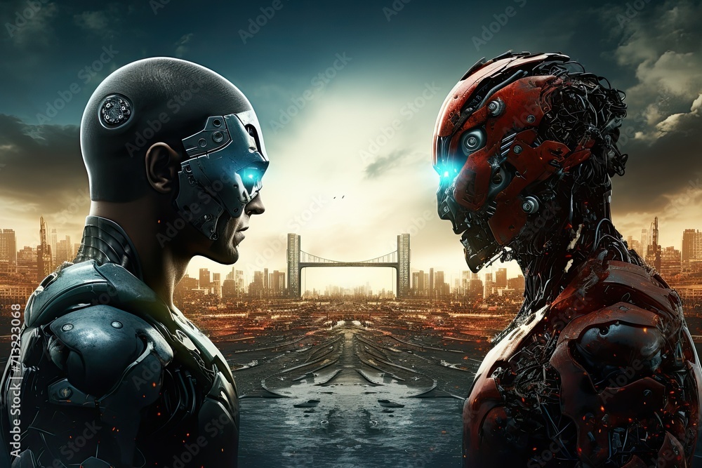 Cyborg man and robot in front of a destroyed city, Humanoid robot VS ai ...