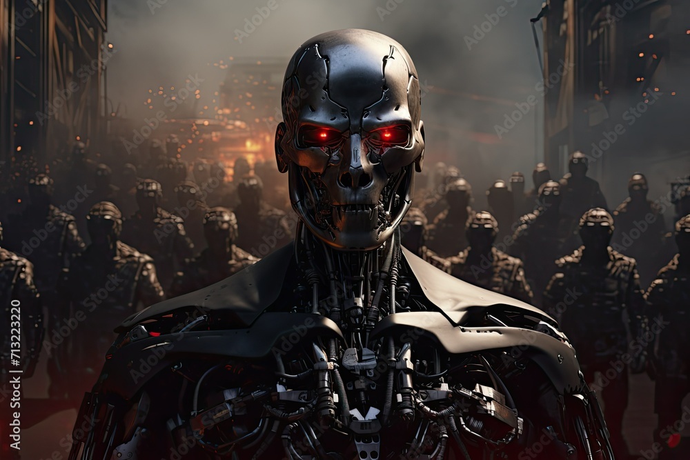 Futuristic Robot Soldier, A cyborg with smoke and fire in the ...