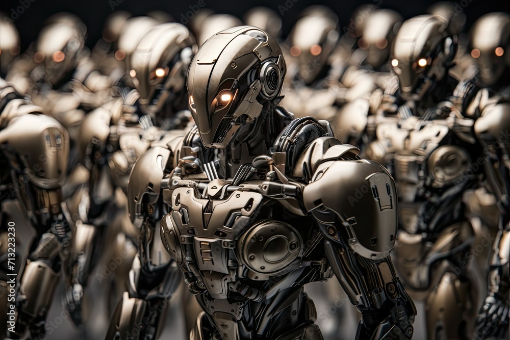 Cybernetic Defenders, sci fi military armored cyborg army lined up ...