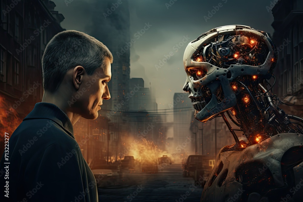 A man and a Cyborg in front of a burning city, human vs high-tech robot ...