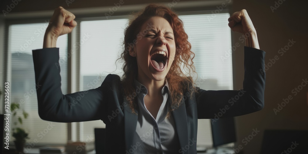 A woman stands in a bright room, her mouth agape and arms reaching ...