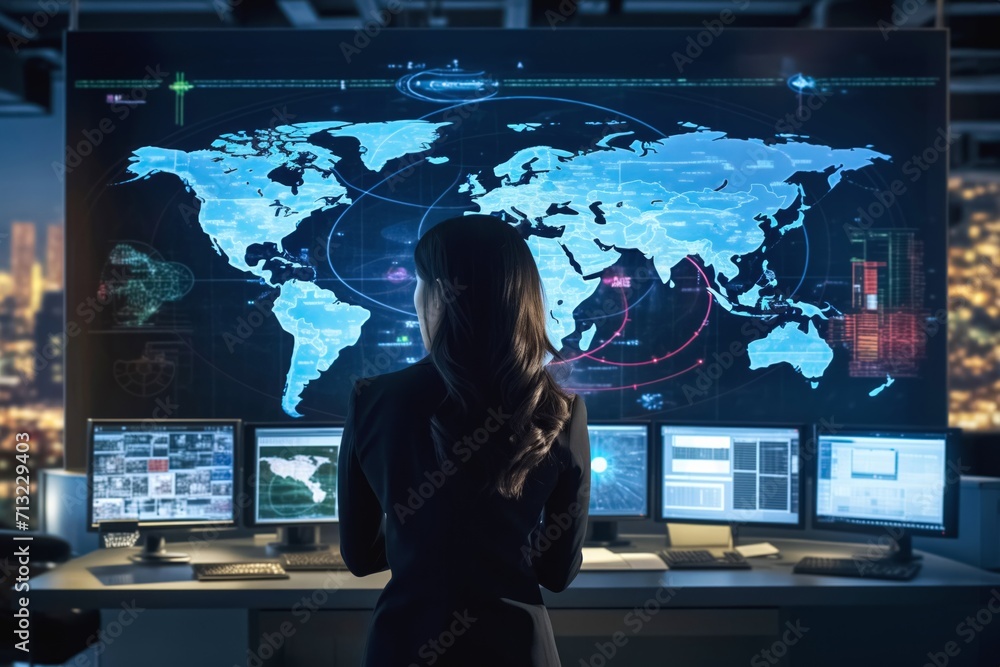 Female CEO overlooking global operations map on wall screen. Visionary ...