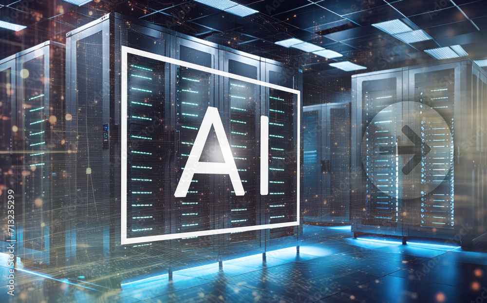 Datacenter with graphs and AI icons. Cloud storage technology. Artificial intelligence concept ...