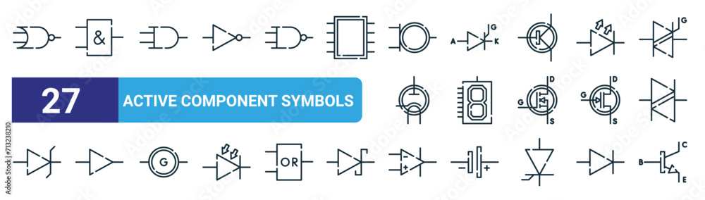 set of 27 outline web active component symbols icons such as nor gate ...