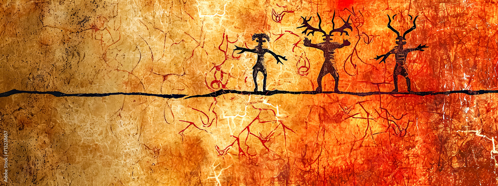 ancient cave art featuring silhouetted figures and symbols, capturing ...