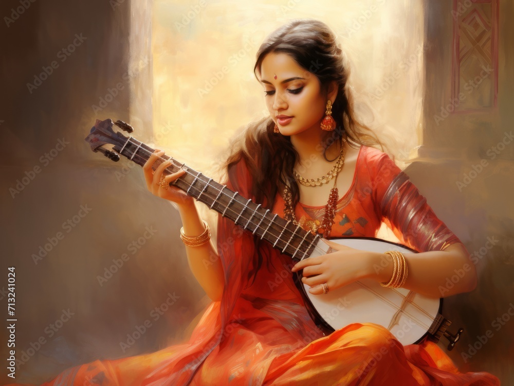 Beautiful Indian woman playing traditional musical instrument Stock ...