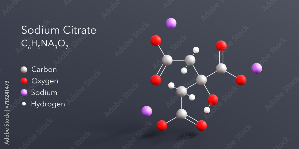 sodium citrate molecule 3d rendering, flat molecular structure with ...