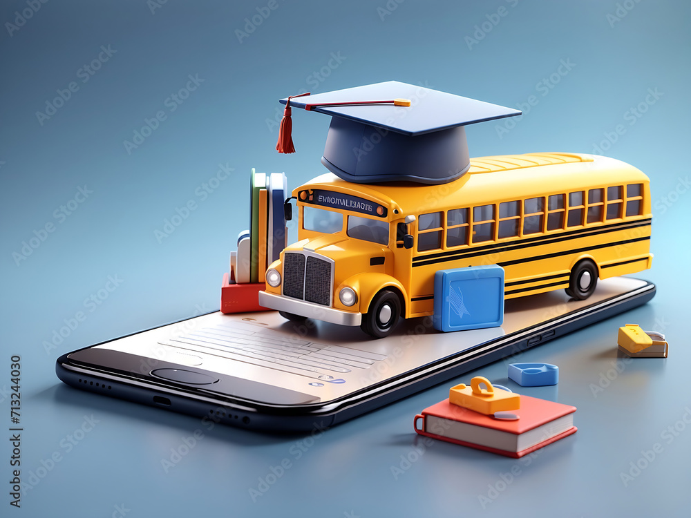 Online education. 3D smartphone, school bus, graduate cap. The ...