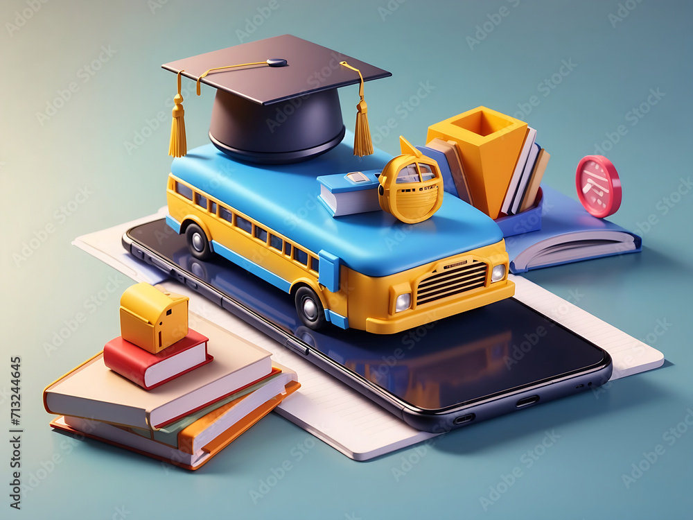 Online education. 3D smartphone, school bus, graduate cap. Convenient ...