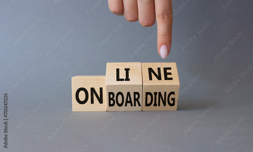 Online Onboarding symbol. Businessman Hand points at turned wooden ...