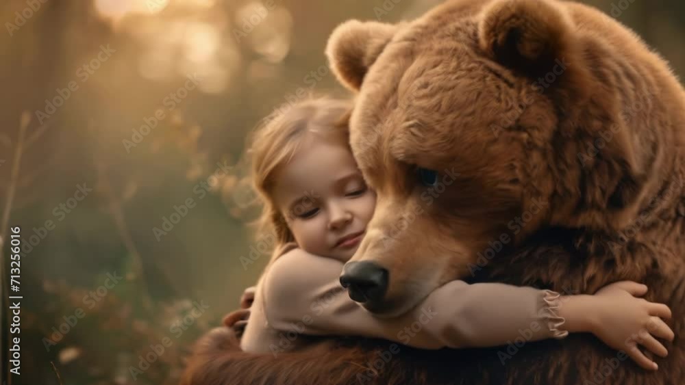 Beautiful little girl hug wild brown bear at forest. Animal love ...