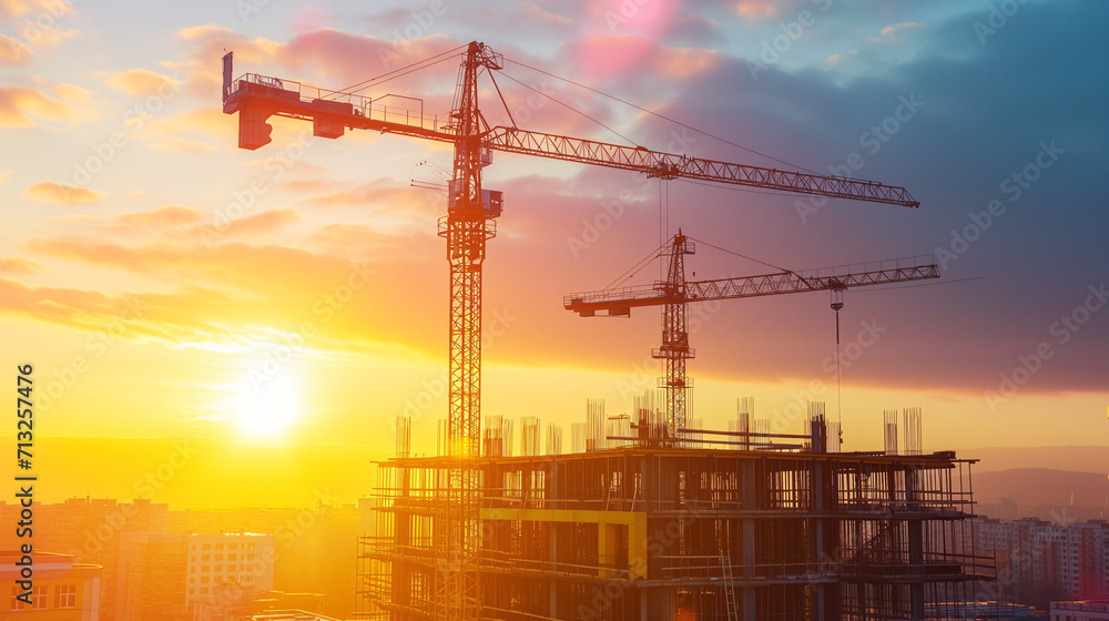 Sunrise Over Construction Site with Steel Framework of Building in ...