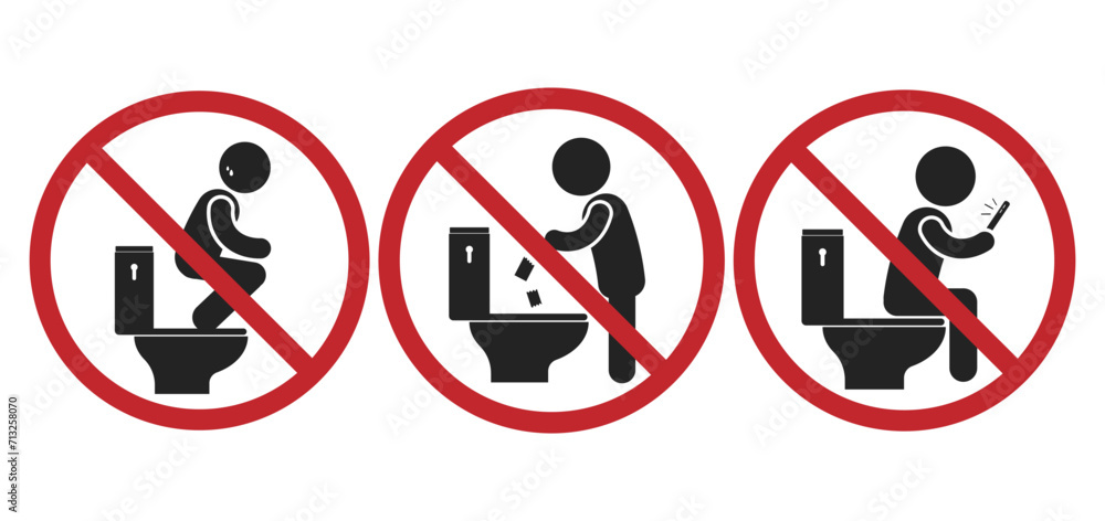 Bundle set of isolated prohibition rest room sign, do not sit squat on ...