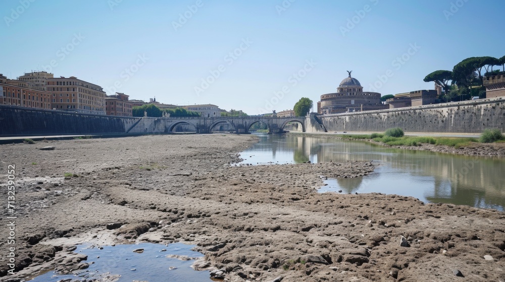 City of Rome landscape panorama as heavily drought, dry Tiber river, a ...