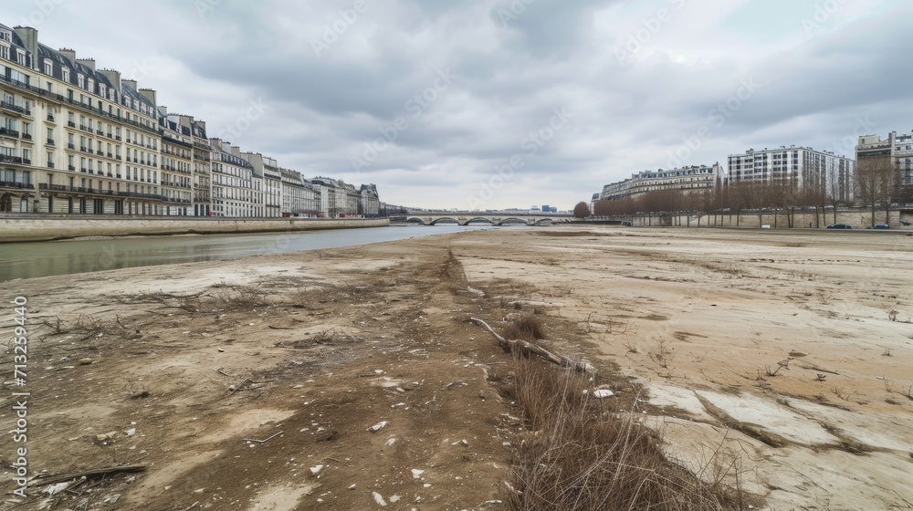 City of Paris landscape panorama as heavily drought, dry Seine river, a ...