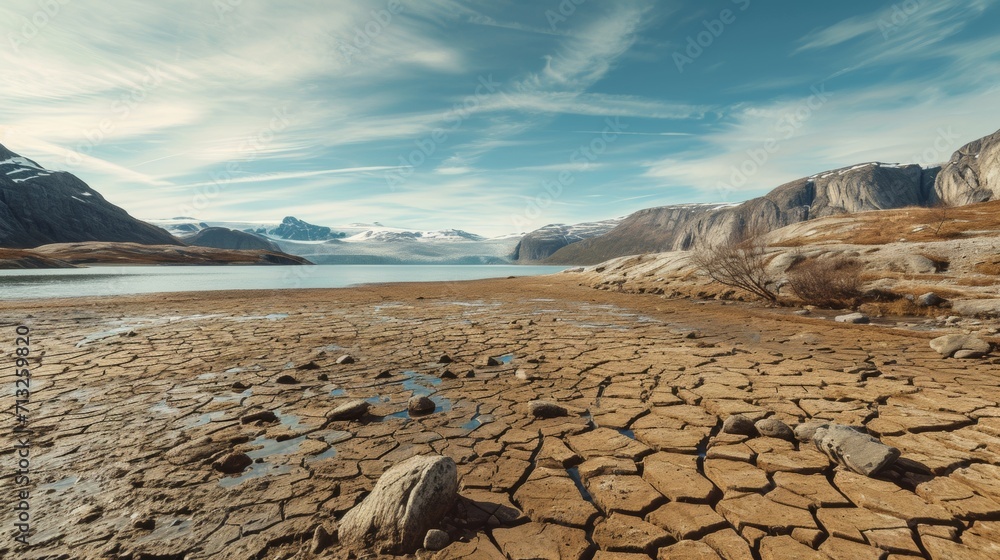 Norway landscape panorama as heavily drought, dry fiord sea, desert ...