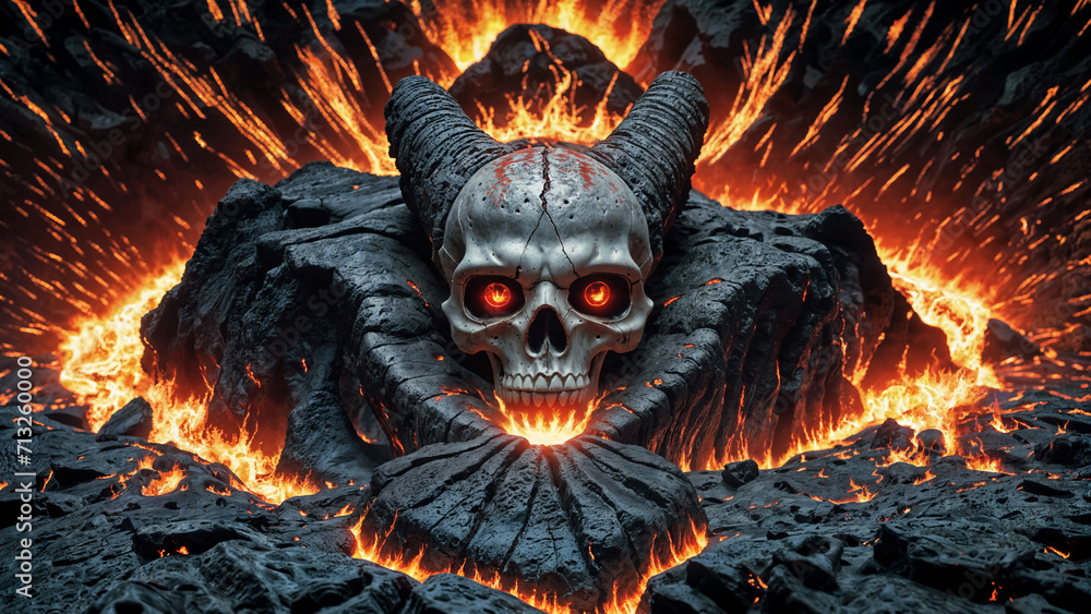 Sacrificial altar of evil surrounded by hot magma rock, in the middle ...