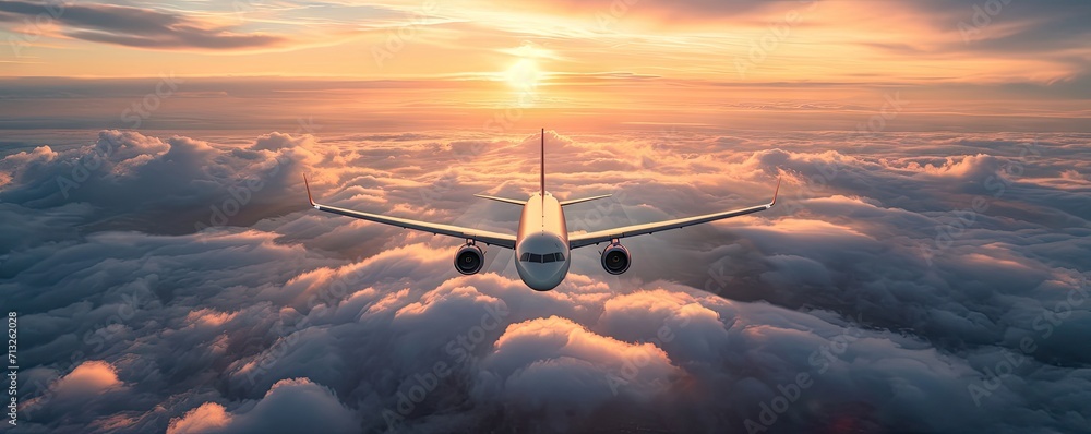 Travel sky with sun setting on airplane aviation capturing sunset and ...