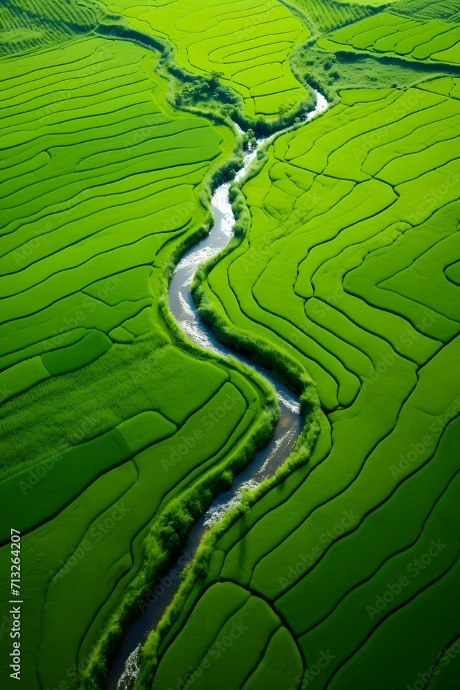 Aerial drone view of green rice field. Above view of agricultural field ...