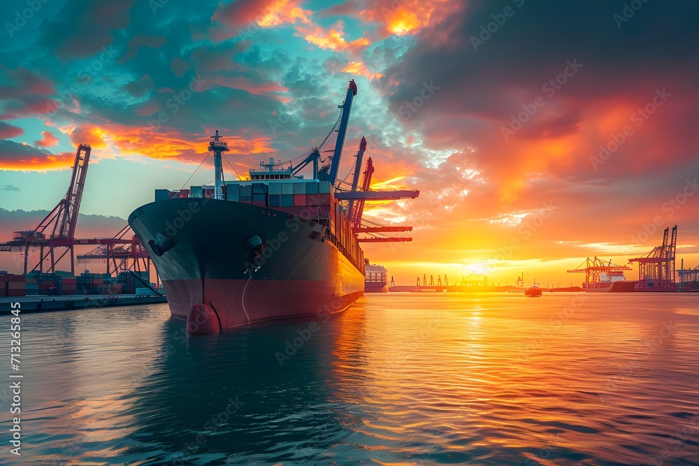 Cargo ship with crane loading container for import or export at terminal port. Stock Photo ...