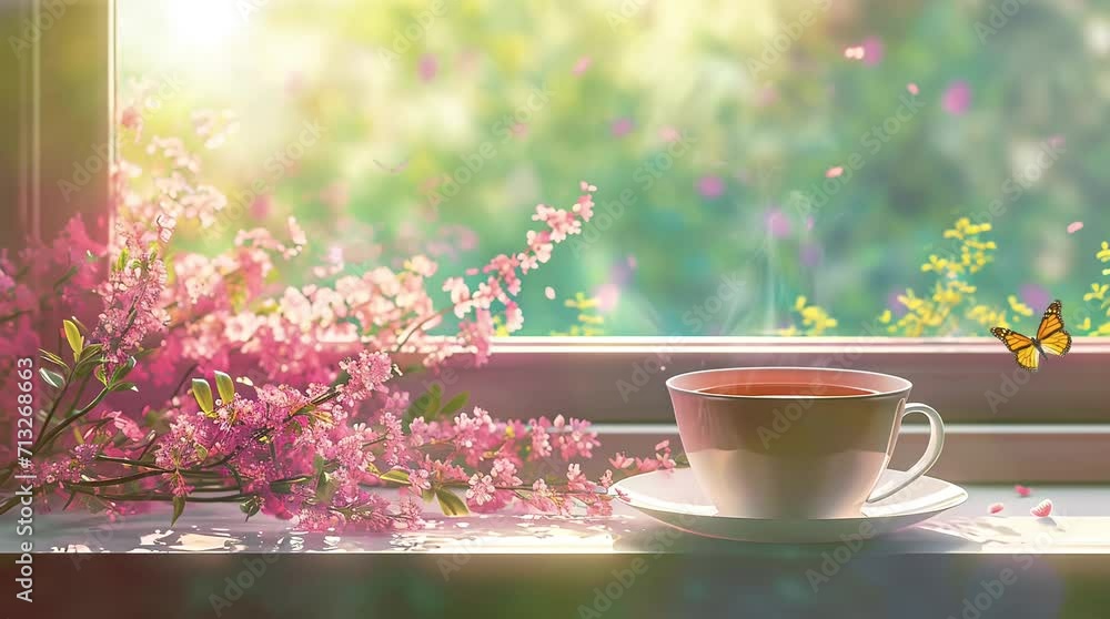 Vidéo Stock cup of tea on the table on a window with spring background ...