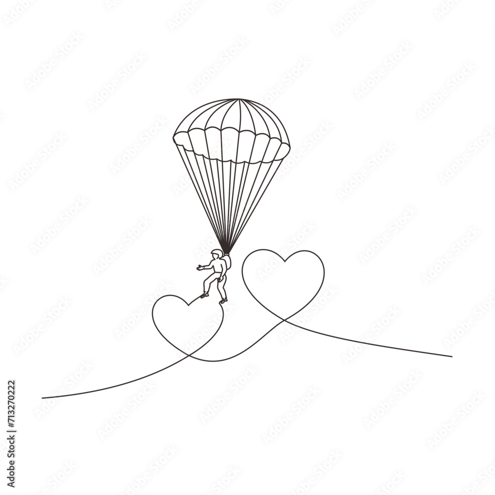 One single line drawing of young sporty man flying with paragliding ...
