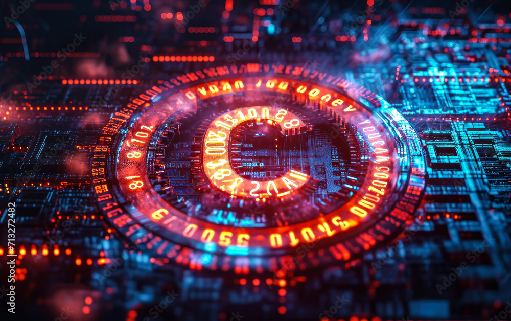 Vibrant digital copyright symbol encircled by neon cyber structures ...