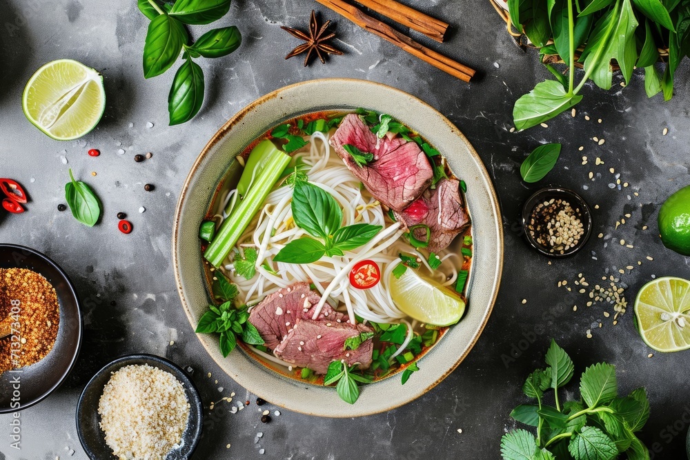 Beef Pho made of beef bones, stalks of celery, halved onion, cloves ...