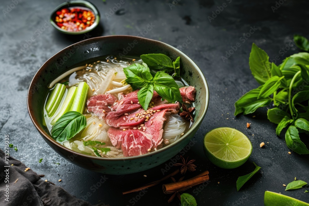 Beef Pho made of beef bones, stalks of celery, halved onion, cloves ...