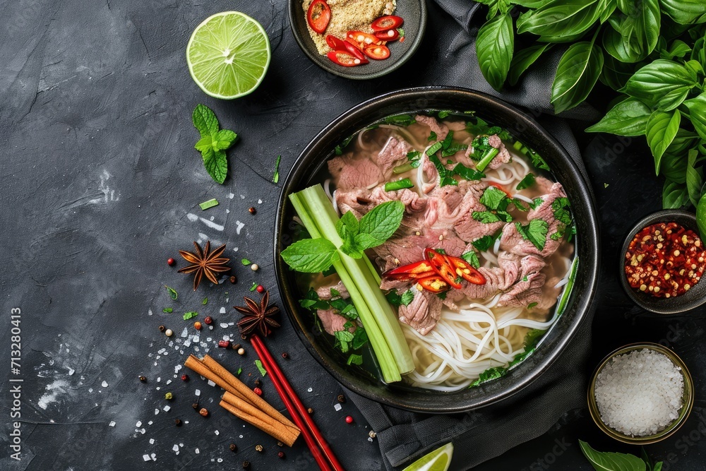 Beef Pho made of beef bones, stalks of celery, halved onion, cloves ...