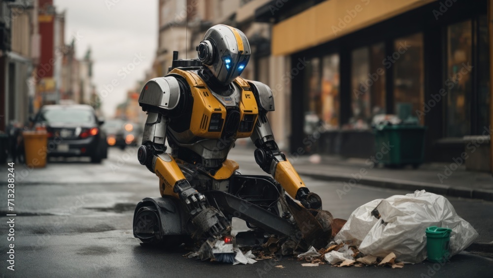 The robot cleans up trash on the street. Future work Stock Photo ...