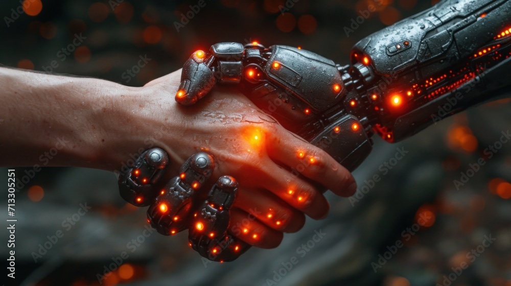 Human Hand Shaking a Robot Hand Symbolizing AI Collaboration and ...