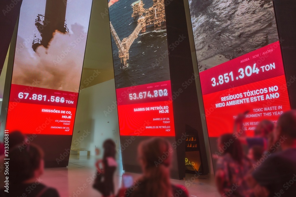Museum of Tomorrow, Rio de Janeiro, Brazil. Visitors observing an ...