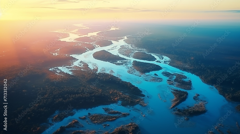 Bird's-eye view of the river in the rainforest, the river in the jungle ...