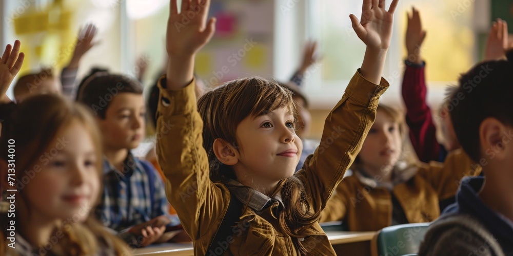 Participating in classroom discussions and children raising their hands ...