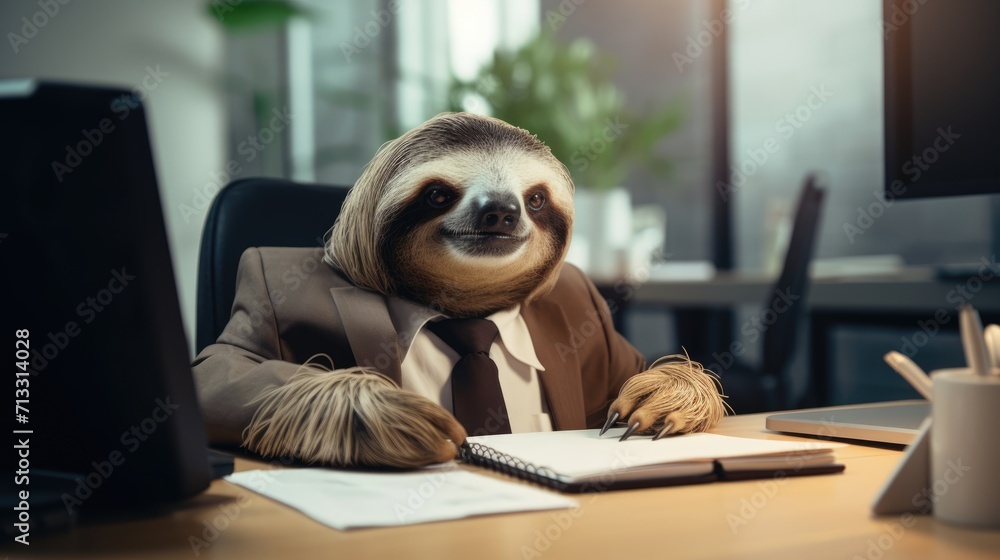 Animal sloth in a suit at a desk in the office, blurred background ...