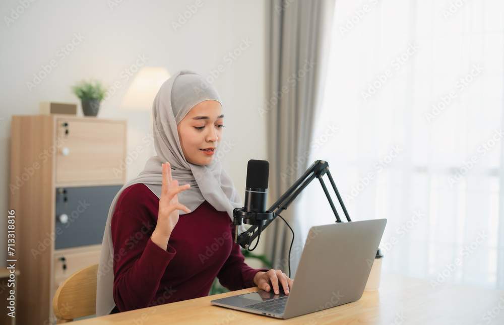 Muslim Islam freelance entrepreneur woman wearing hijab and talking ...