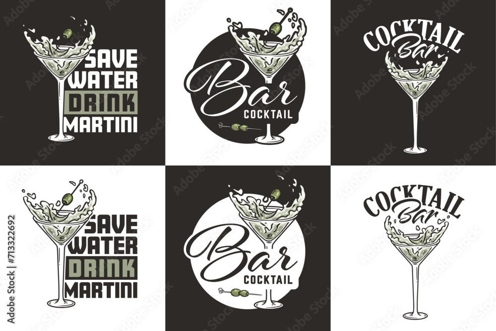 Martini vector set with olives and splashes for alcohol cocktail bar or ...