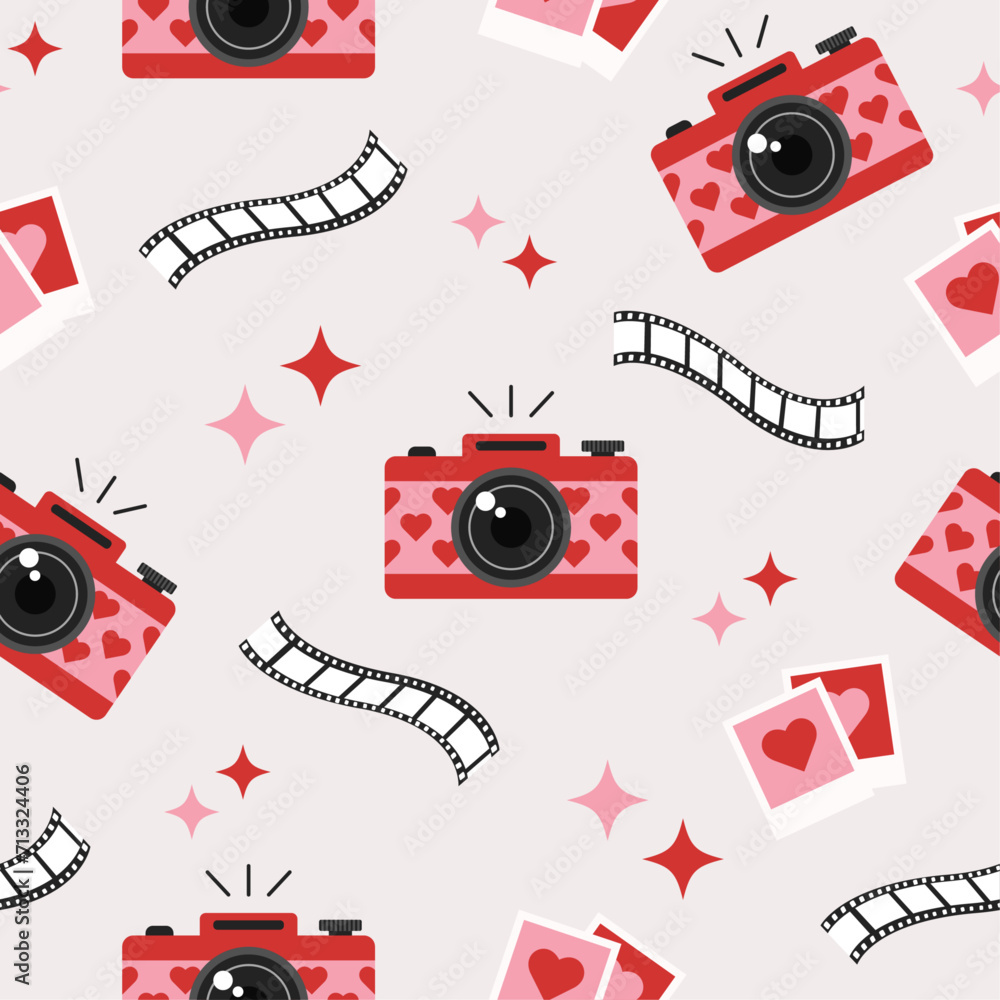 Seamless pattern with cameras, photos, films, stars and love elements ...