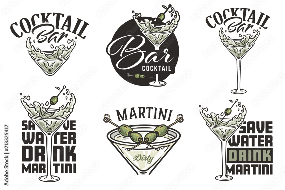 Martini vector set with olives and splashes for alcohol cocktail bar or ...
